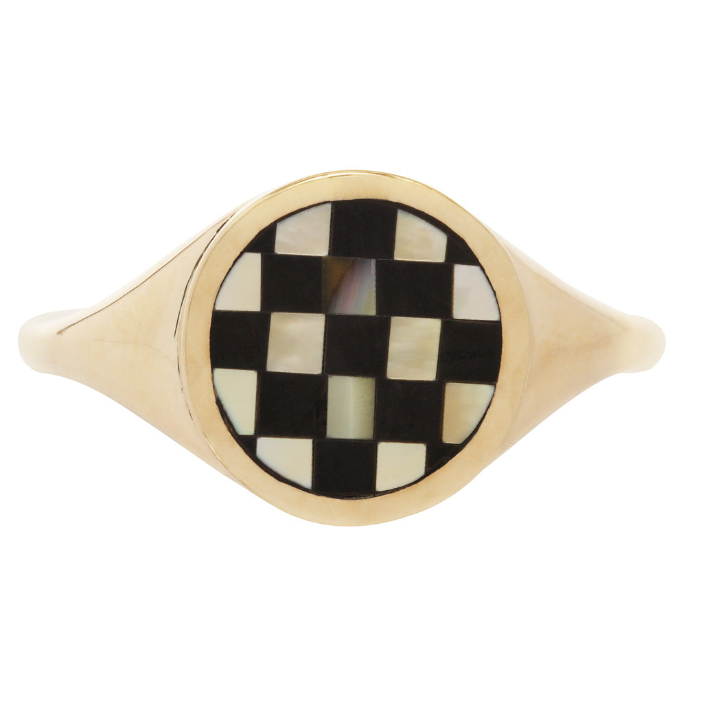Checkerboard Inlay Gold Signet Ring
