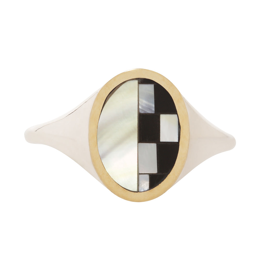 Mirror Half Checkerboard Inlay Gold Signet Ring